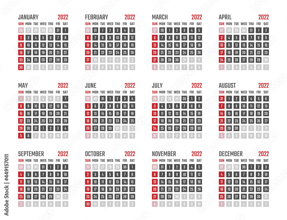 2022 year calendar, calendar design for 2022 starts sunday Stock Vector ...