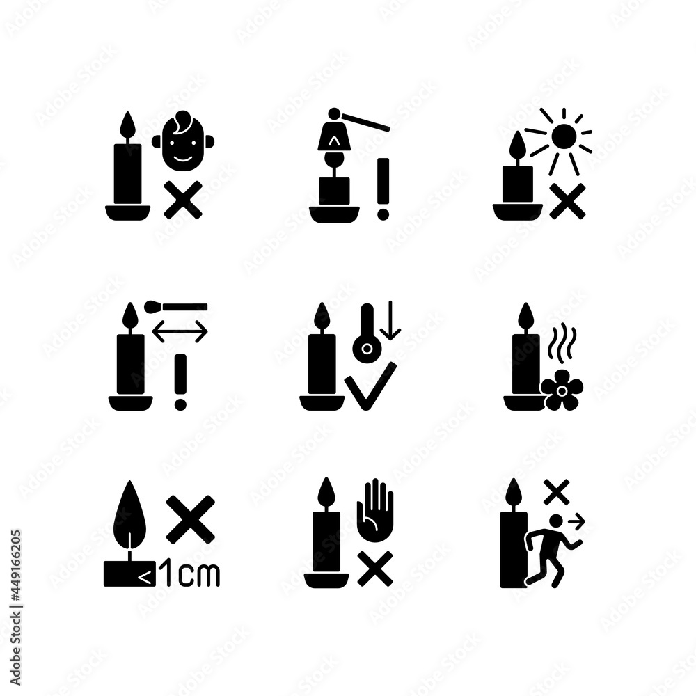 Candle safety precautions black glyph manual label icons set on white ...