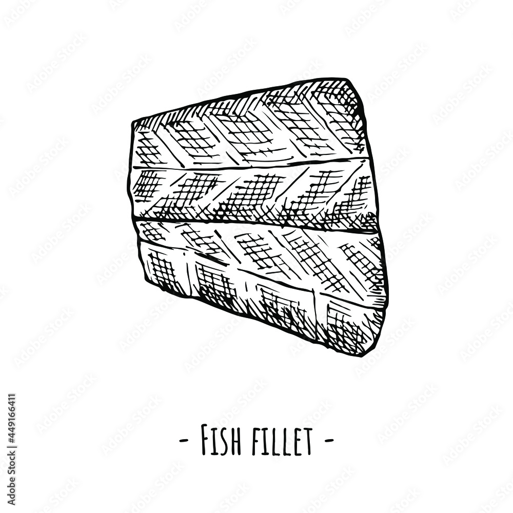 Fish fillet. Vector illustration. Isolated on white. Hand-drawn style ...