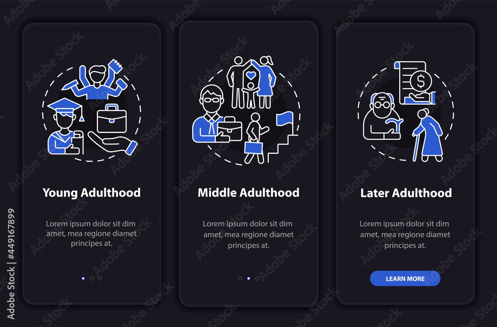 Stages of adulthood onboarding mobile app page screen. Social realisation walkthrough 3 steps ...