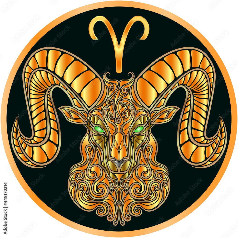 Gold Aries zodiac sign as isolated medallion. Shield with golden ram ...