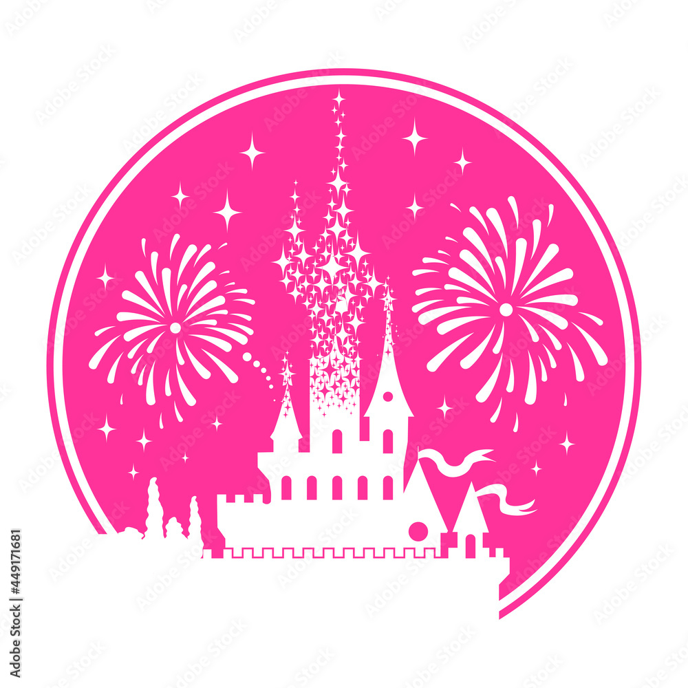 Silhouette of Princess Castle in circle. Fantasy pink palace on the ...