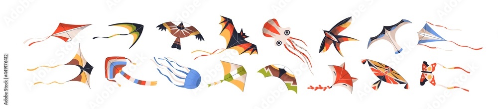 Set of flying wind kites of different type and shape. Collection of ...