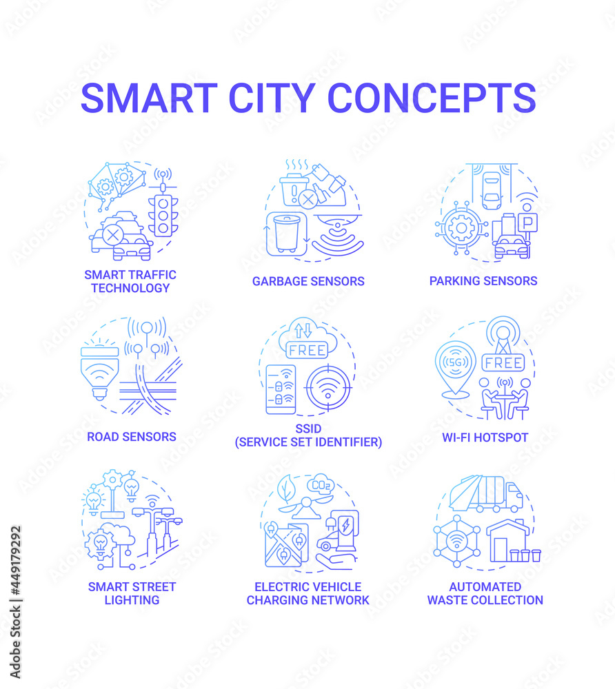 Smart city gradient blue concept icons set. Urban area processes idea ...