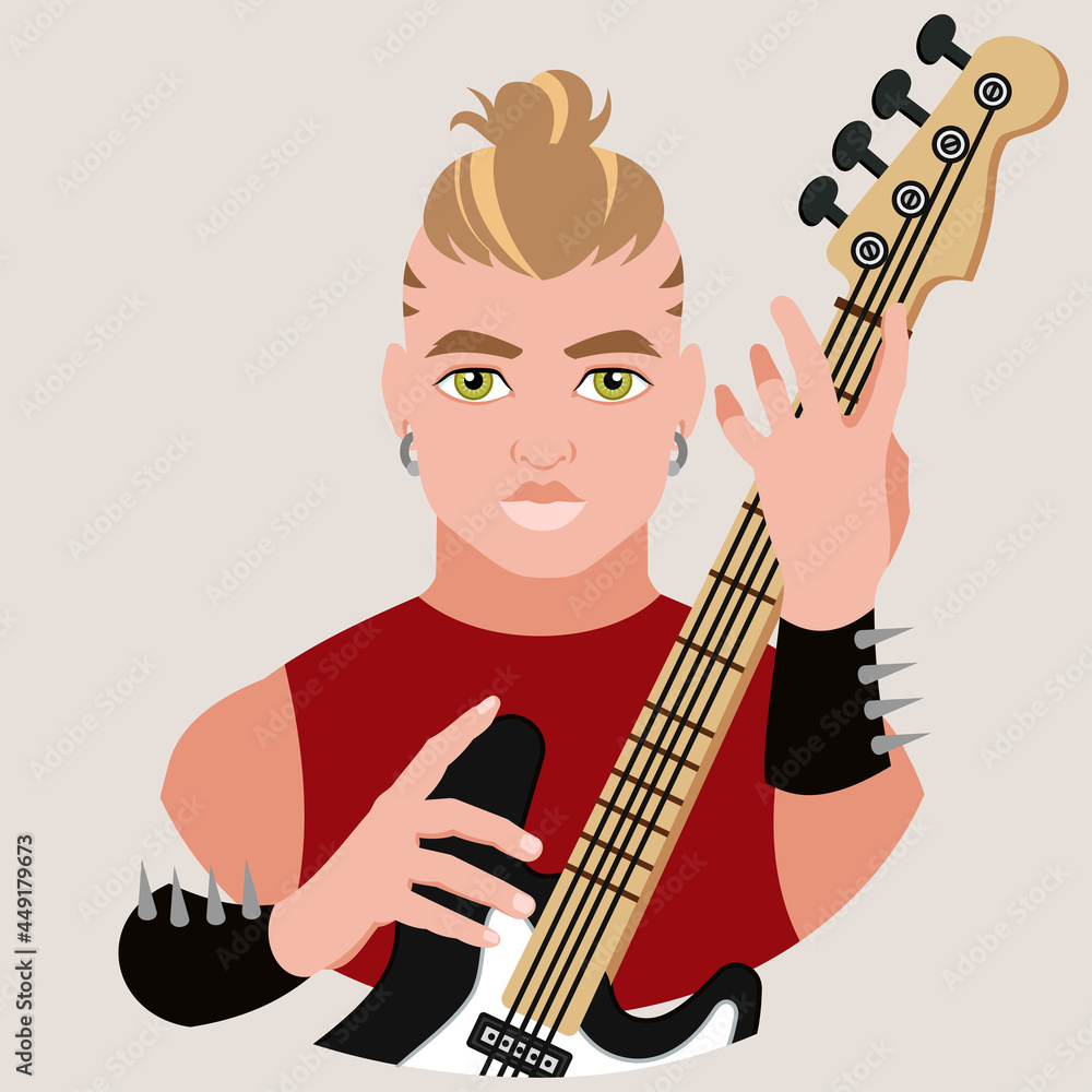Vetor do Stock: Avatar of a blond young guy with a bass guitar in his ...