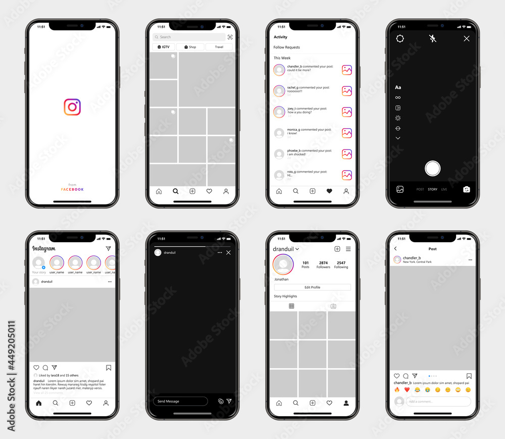 Instagram social network interface template on Apple Iphone smartphones ...
