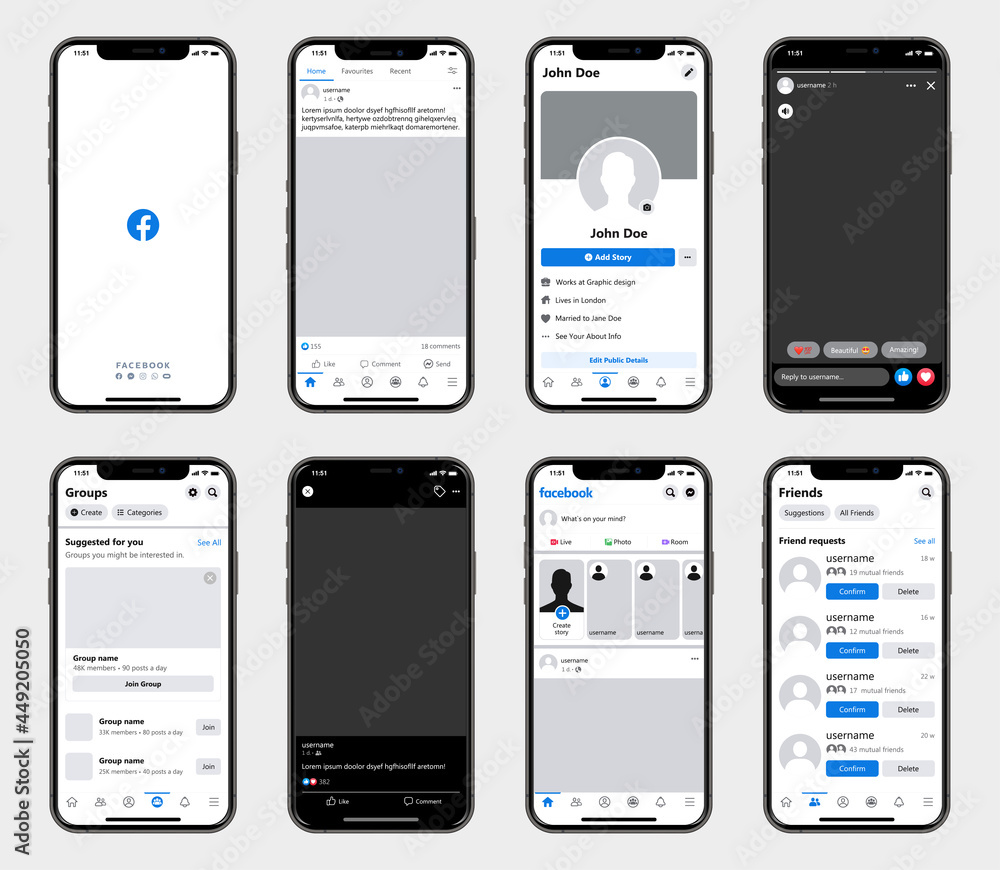Facebook social network interface template on Apple Iphone smartphones ...