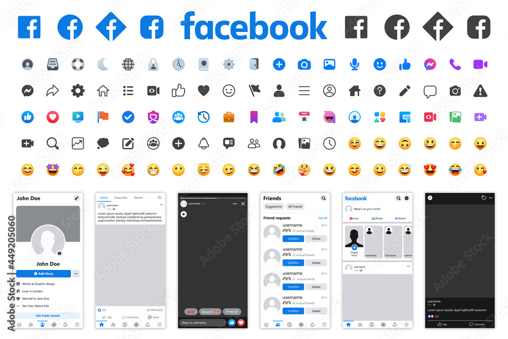 Facebook social network app interface icons and smartphone frame screen ...