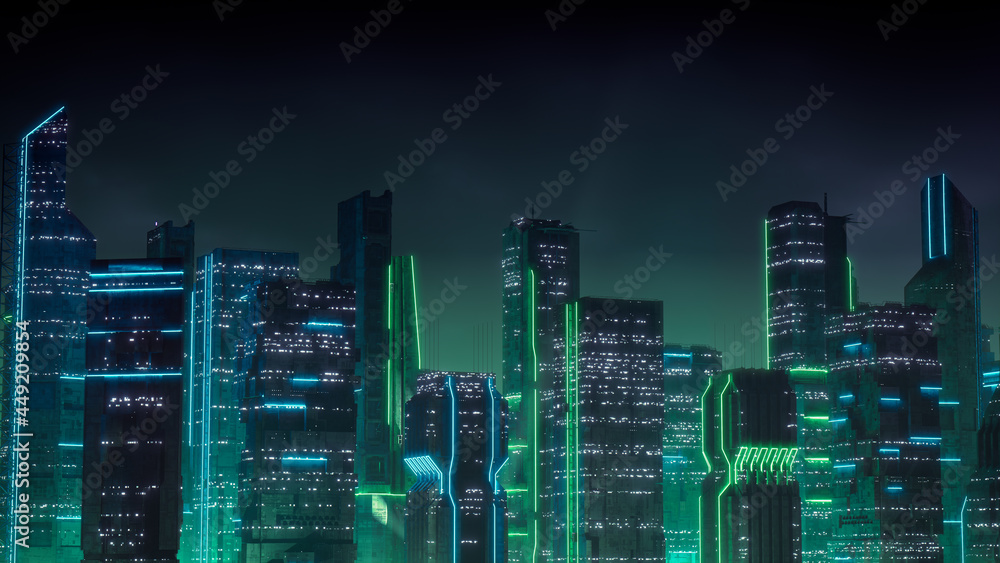 Cyberpunk Metropolis with Green and Blue Neon lights. Night scene with ...