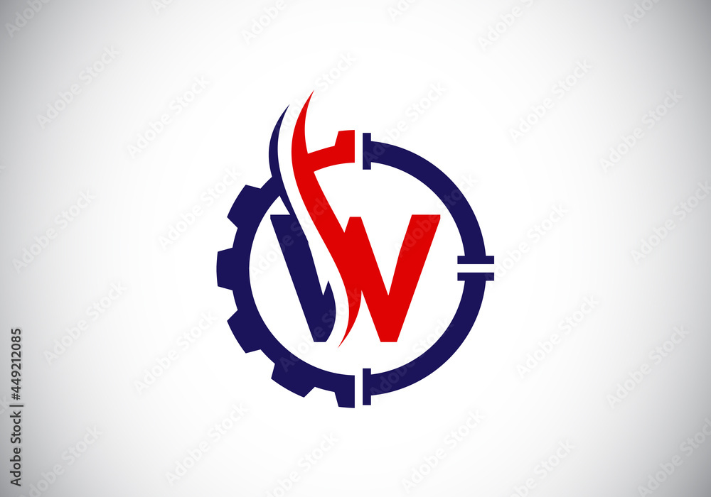 Initial W monogram alphabet with gear pipe and flame. Oil and gas logo ...