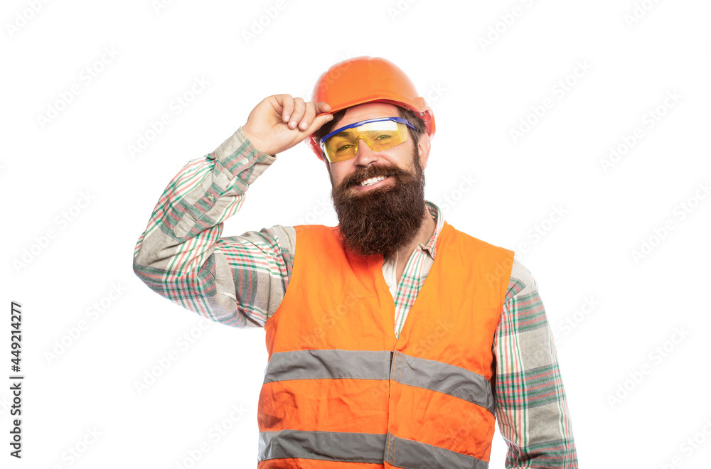 Bearded man worker with beard in building helmet or hard hat. Man ...
