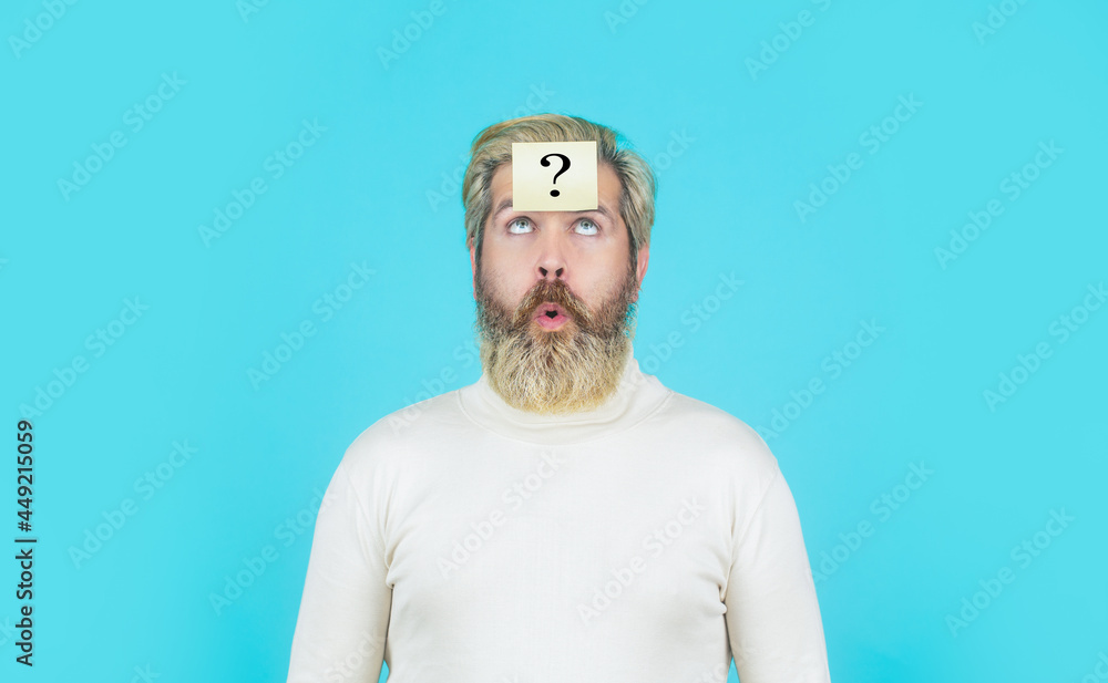 Thinking man with question mark on blue background. Man with question ...