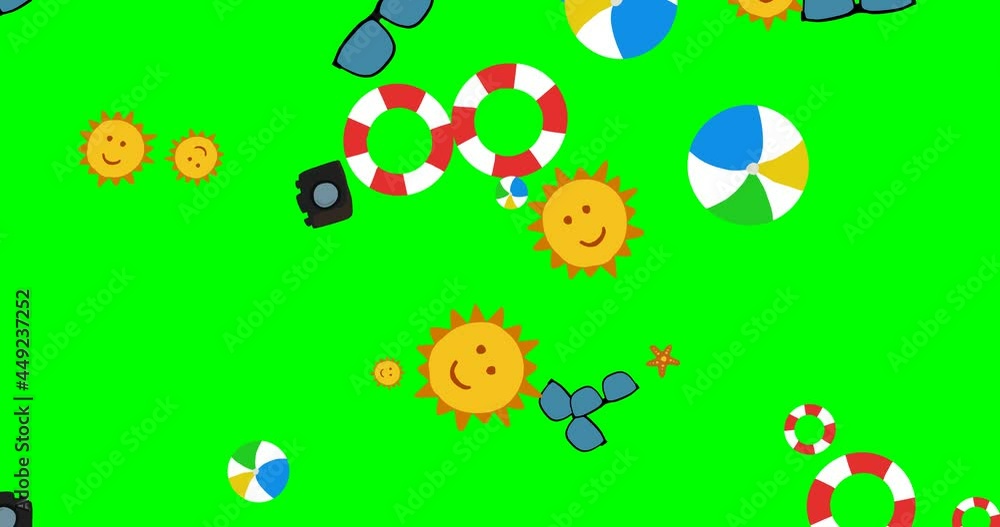 Summer vacation elements flying up. Cartoon sun, camera, sunglasses ...