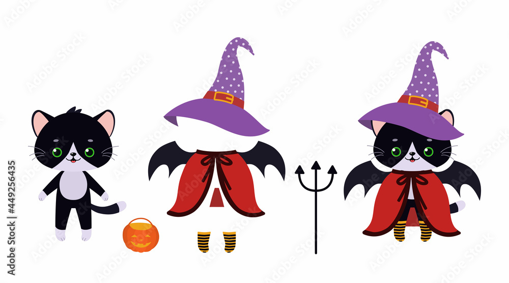 Dress up cute kawaii paper cat in Halloween costume. Vector ...
