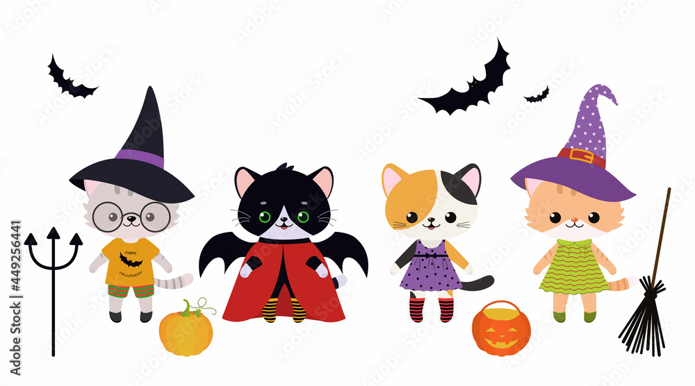 Set of cute kawaii cats in costume for Halloween. Vector illustration ...
