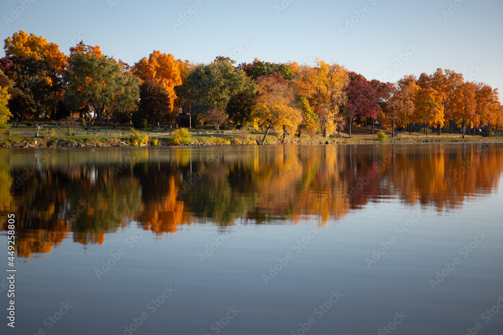Fall colored leaves on autumn trees in a forest reflecting on a lake ...