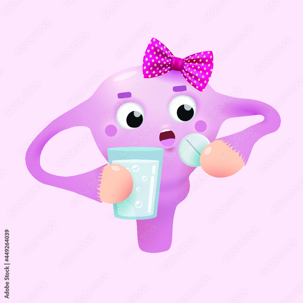 Cuterus - cute human uterus organ eats a pill. Vector cartoon character ...