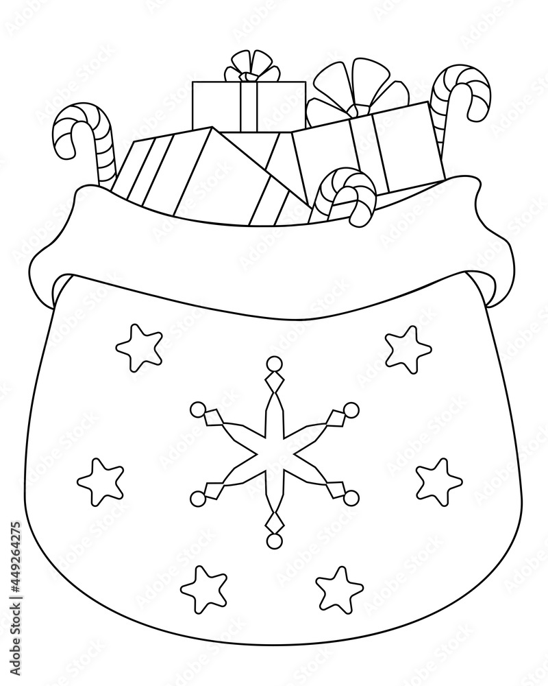 Santa Claus sack with gifts - vector linear illustration for coloring ...
