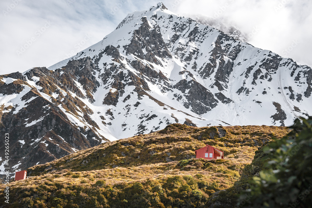 Liverpool Hut in the Matukituki Valley in Mt. Aspiring National Park ...