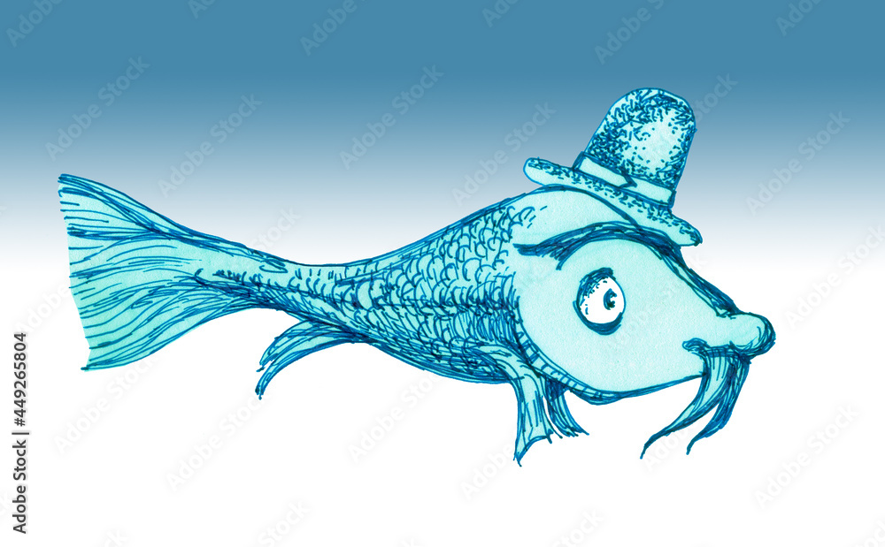 Fish in a hat for a walk. Uncle fish with a mustache. Drawing in a ...