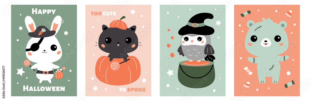 Greeting cards set for children Halloween party. Printable posters ...