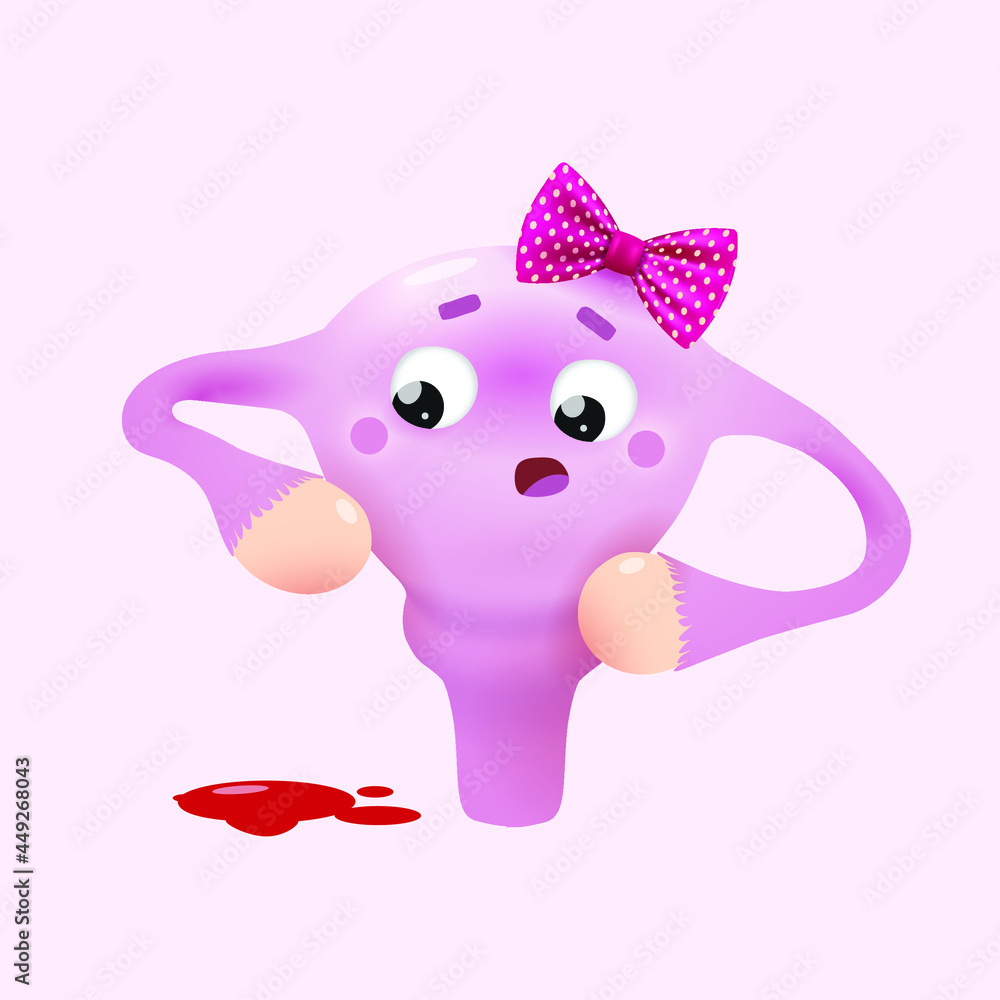 Cuterus - cute human uterus organ is bleeding. Vector cartoon character ...