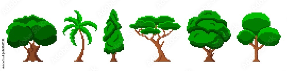 Green pixel trees in garden. Bulky solid oak with tropical palm and ...