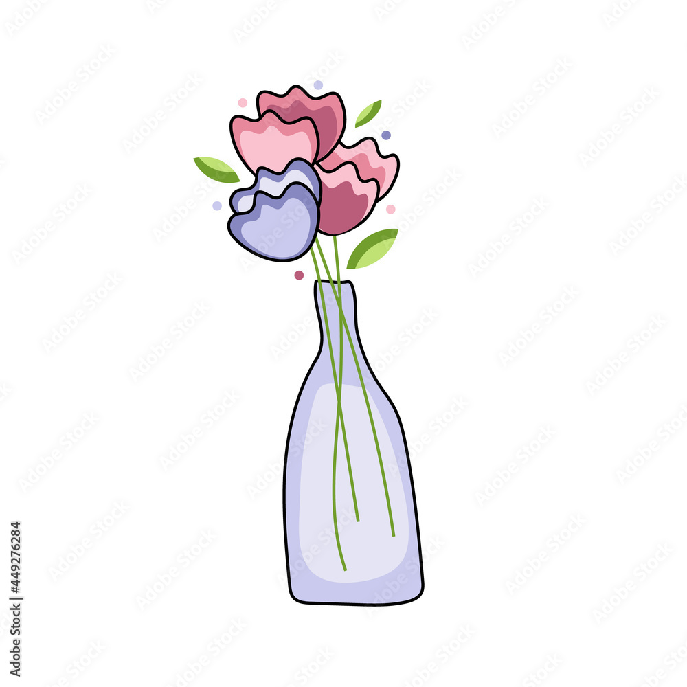 Vector illustration of glass vase with pink and blue flowers. Cute ...