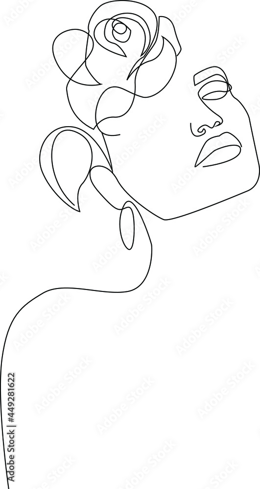 Line Drawing. Abstract face with flowers by one line drawing. Modern ...