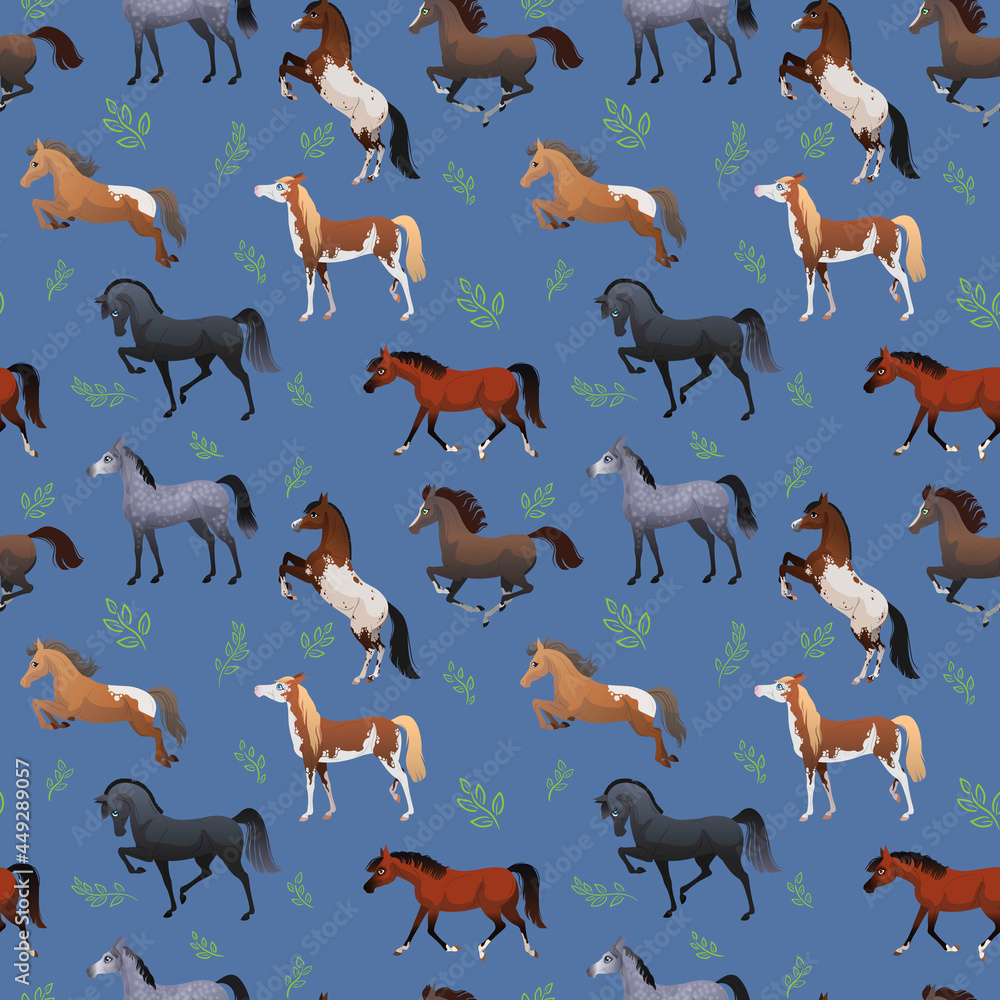 Printable background with horse. Seamless pattern on blue background ...