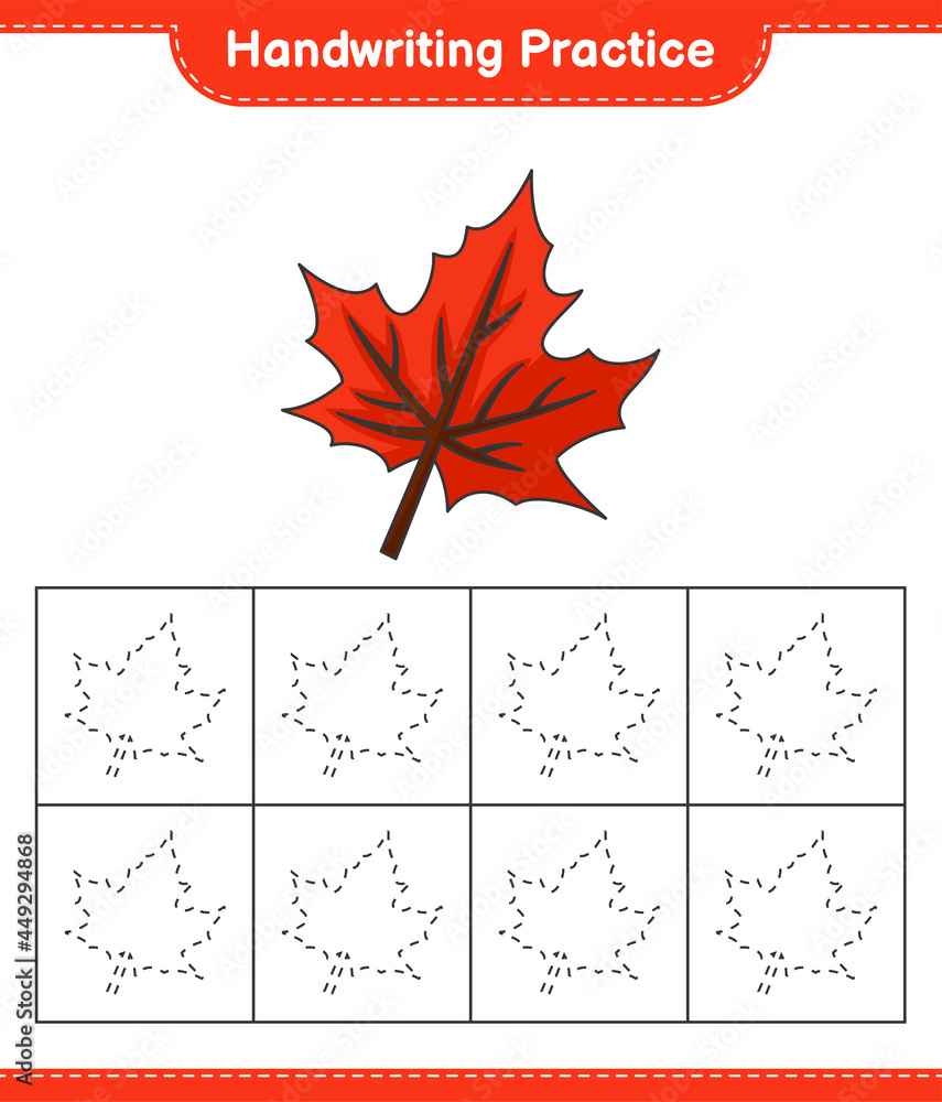 Handwriting practice. Tracing lines of Maple Leaf. Educational children ...