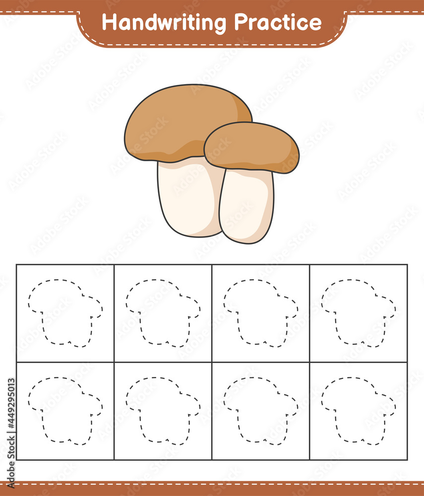 Handwriting practice. Tracing lines of Mushroom Boletus. Educational ...