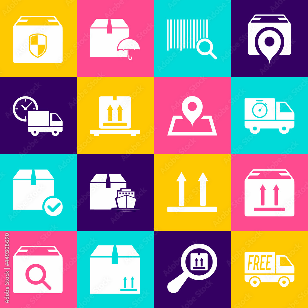 Set Free delivery service, Cardboard box with traffic, Delivery truck and stopwatch, Search ...