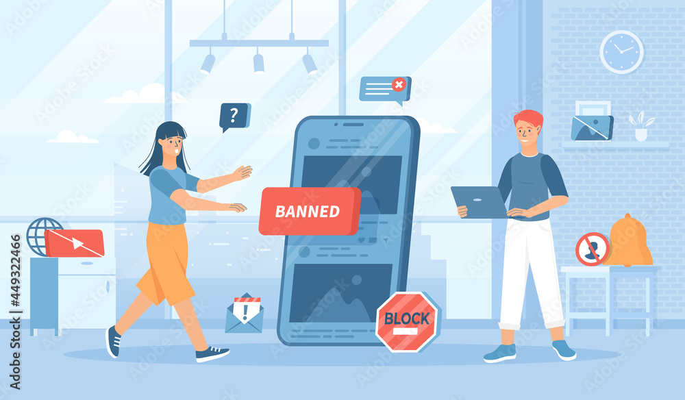 Vecteur Stock Blocking, banned user account on social media. Error ...