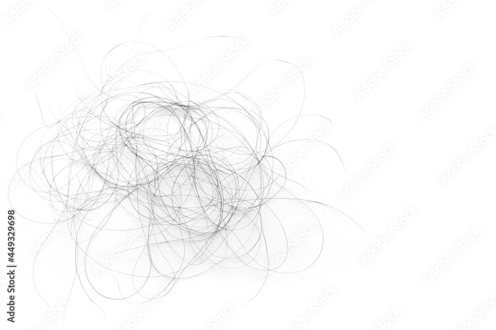 Hair loss on white background with copy space on the right side. Lady ...