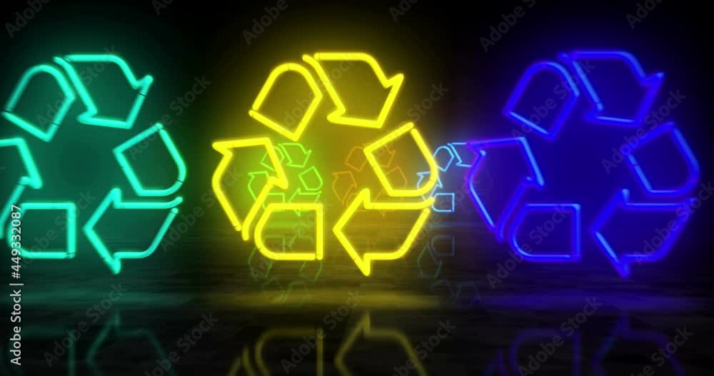 Recycling neon symbol. Light color bulbs. Ecology, waste recycle and ...