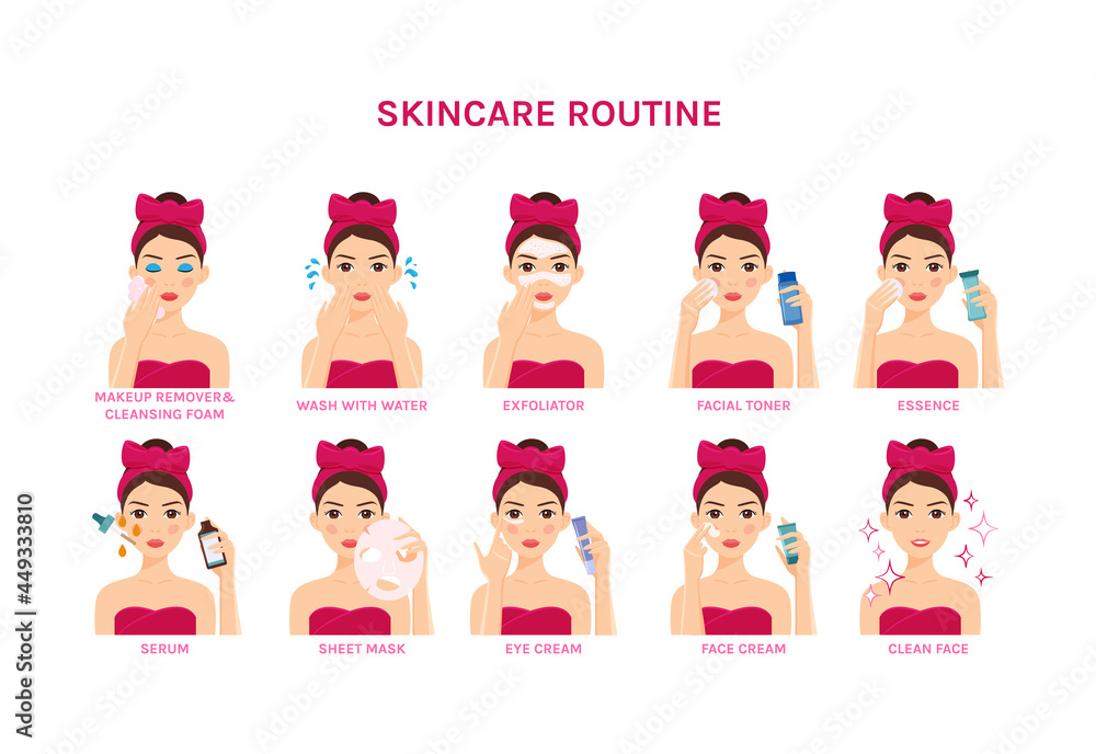 Skin care routine. Set of isolated beautiful young brunette woman with ...