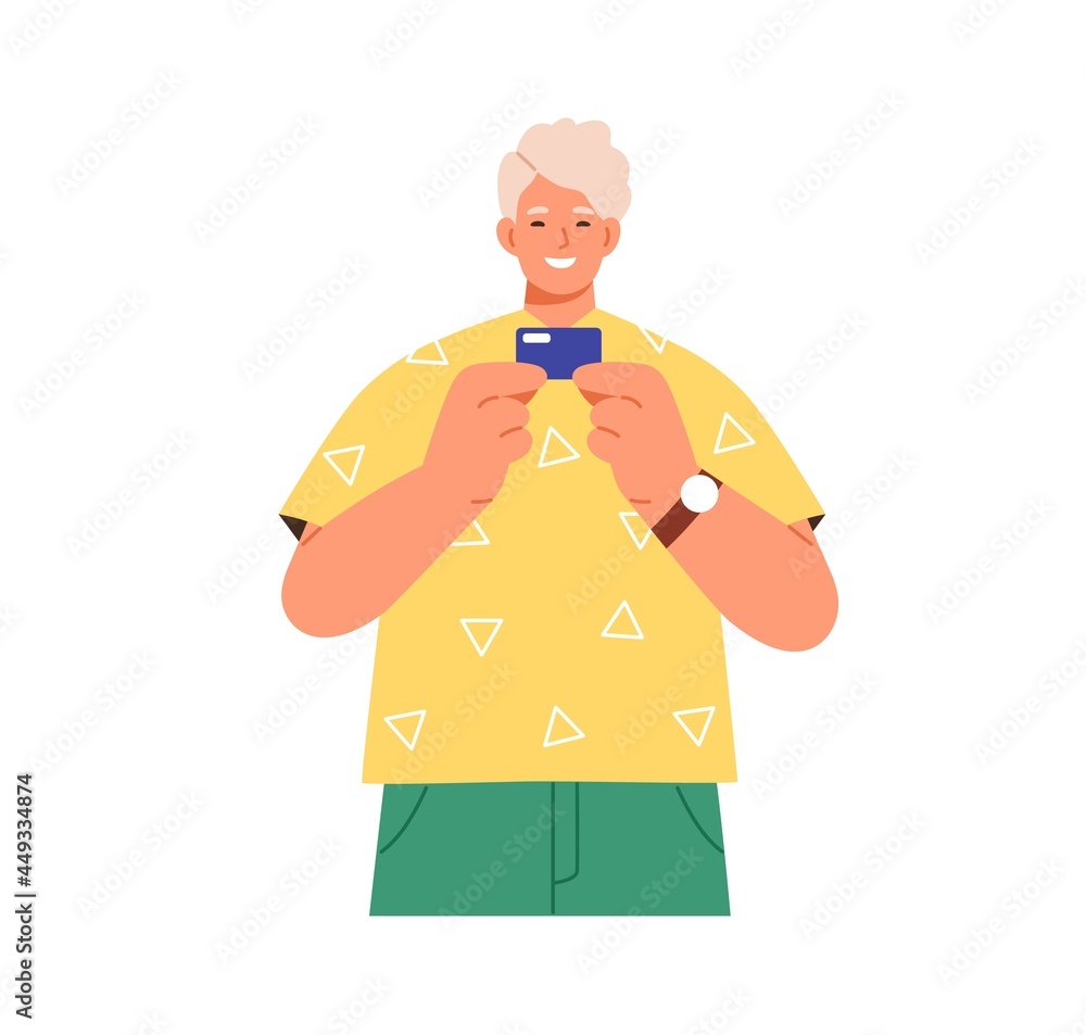 Young happy man standing with new plastic debit or credit card in hands ...