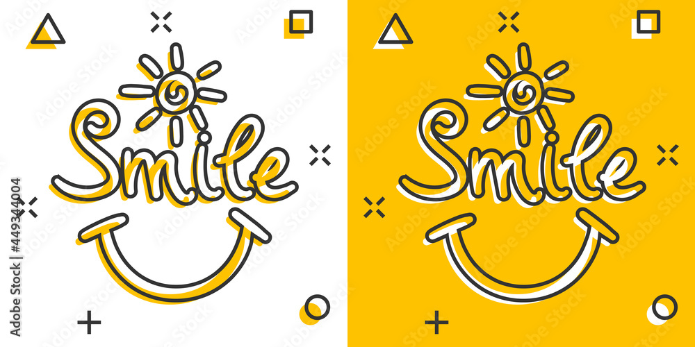 Vector cartoon smile text icon in comic style. Hand drawn smile sign ...