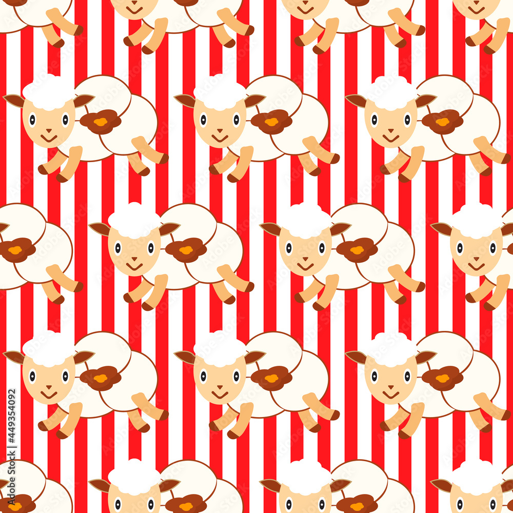 Popcorn and sheep background with red and white stripes. Seamless and ...