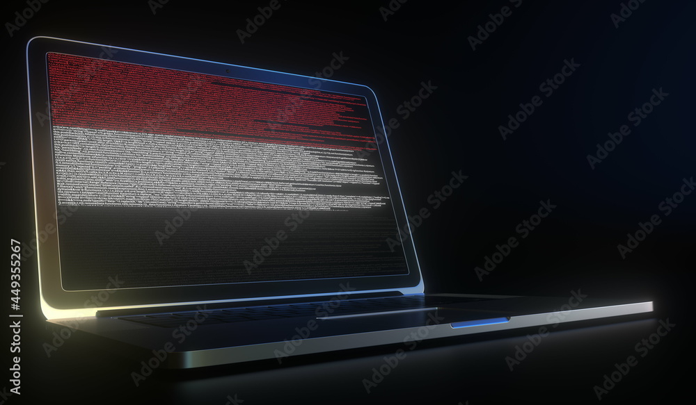 Laptop and source code on the screen composing flag of Yemen. National ...