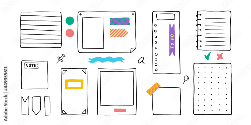 Memo hand draw pad sheets for note. Paper, line, book, pencil. Vector ...