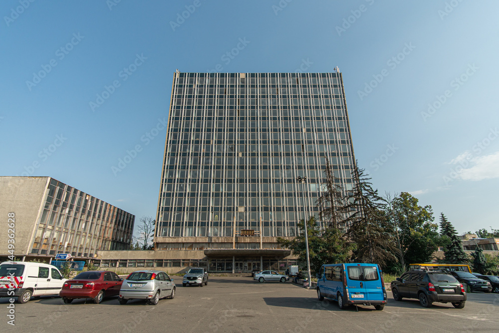 Facade of the building of the abandoned plant "Electronmash". The ...