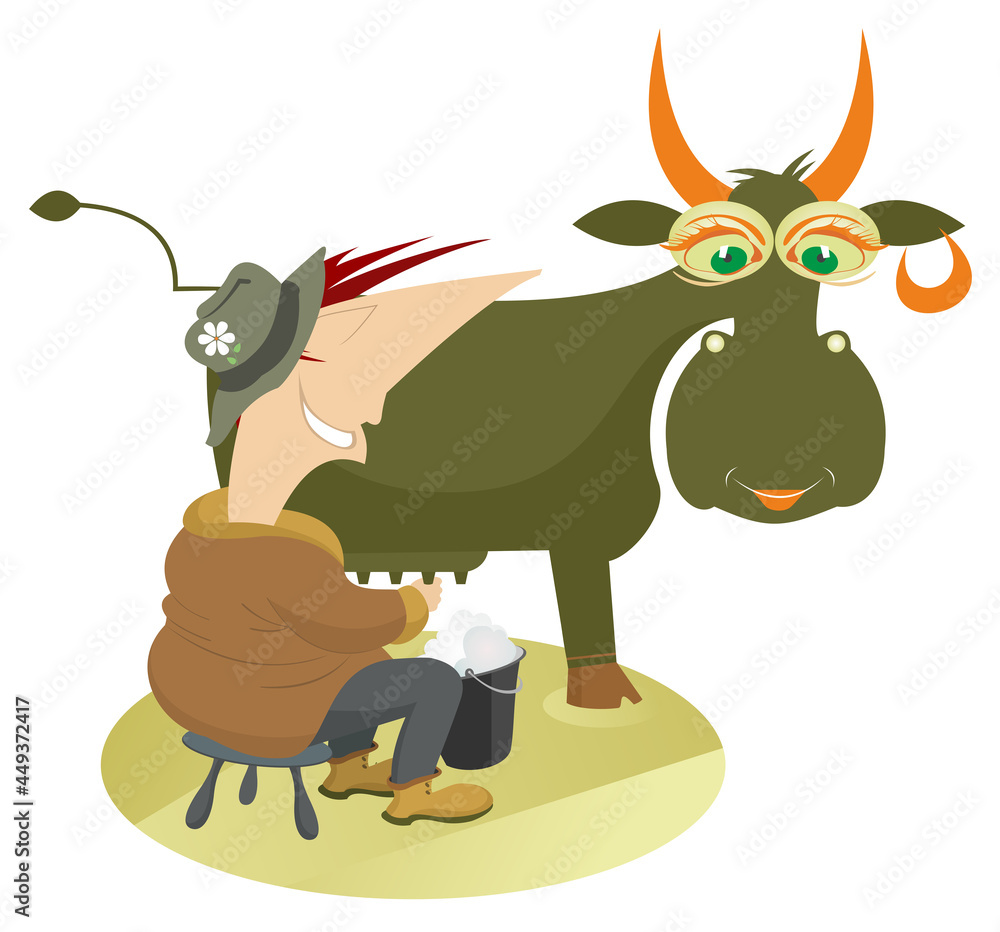 Cartoon farmer is milking a cow. Smiling worker on the dairy plant ...