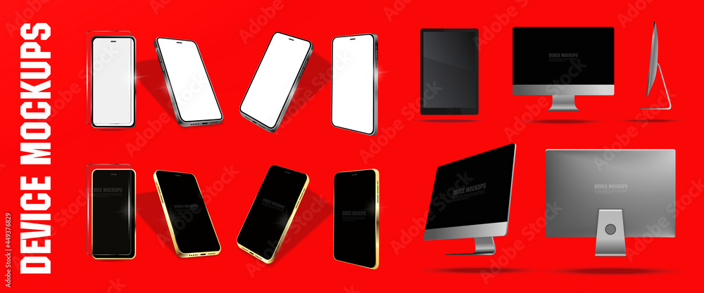 Set of realistic computers and mobile phones. Personal computer ...