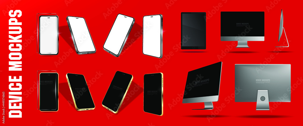 Set of realistic computers and mobile phones. Personal computer ...