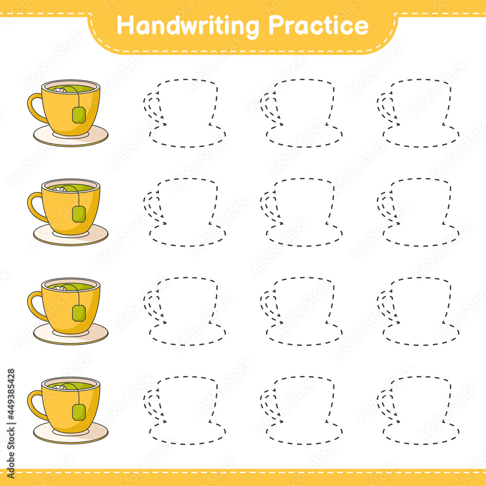 Handwriting practice. Tracing lines of Tea Cup. Educational children ...