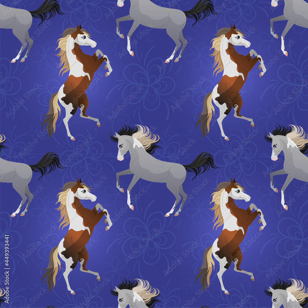 Printable background with horse. Seamless pattern on blue background ...