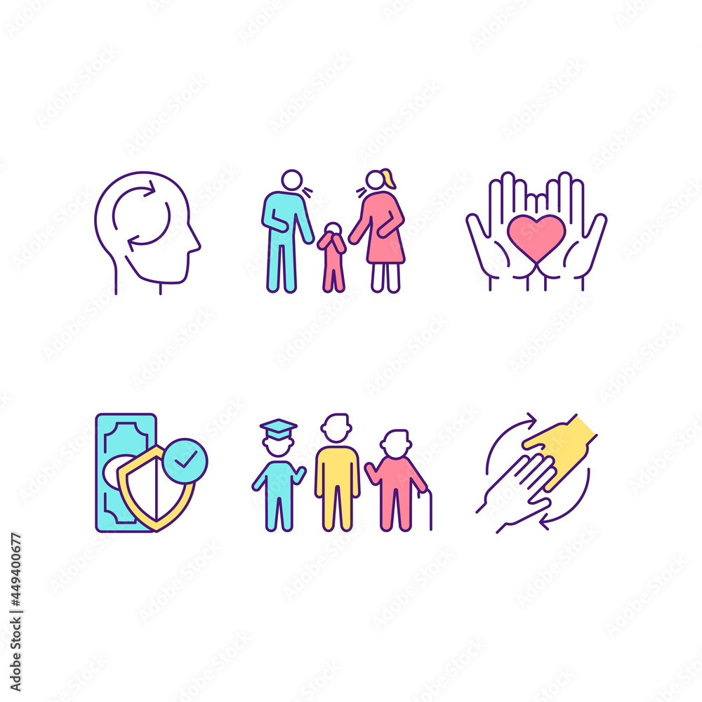 Stages of maturity RGB color icons set. Adult psychology. Changing ...