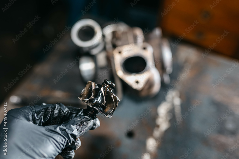 breakdown of the turbine of the car engine, broken impeller. Stock ...